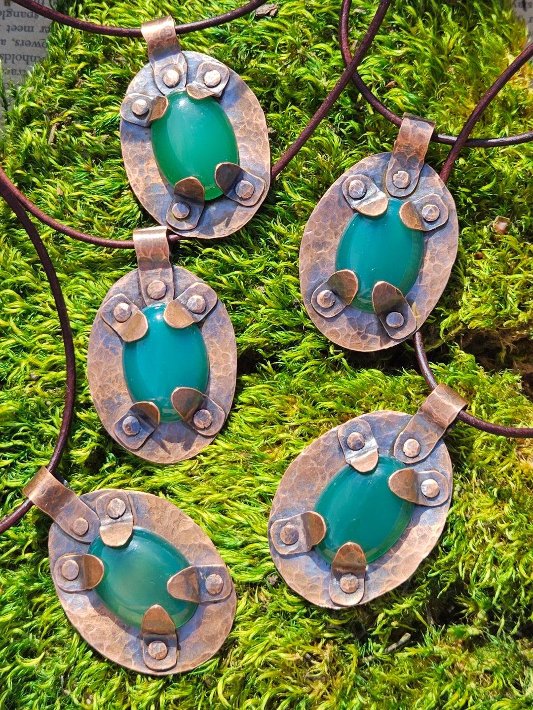 Copper and Green Agate Amulet/ Leather Cord/ Hammered Copper Necklace ...