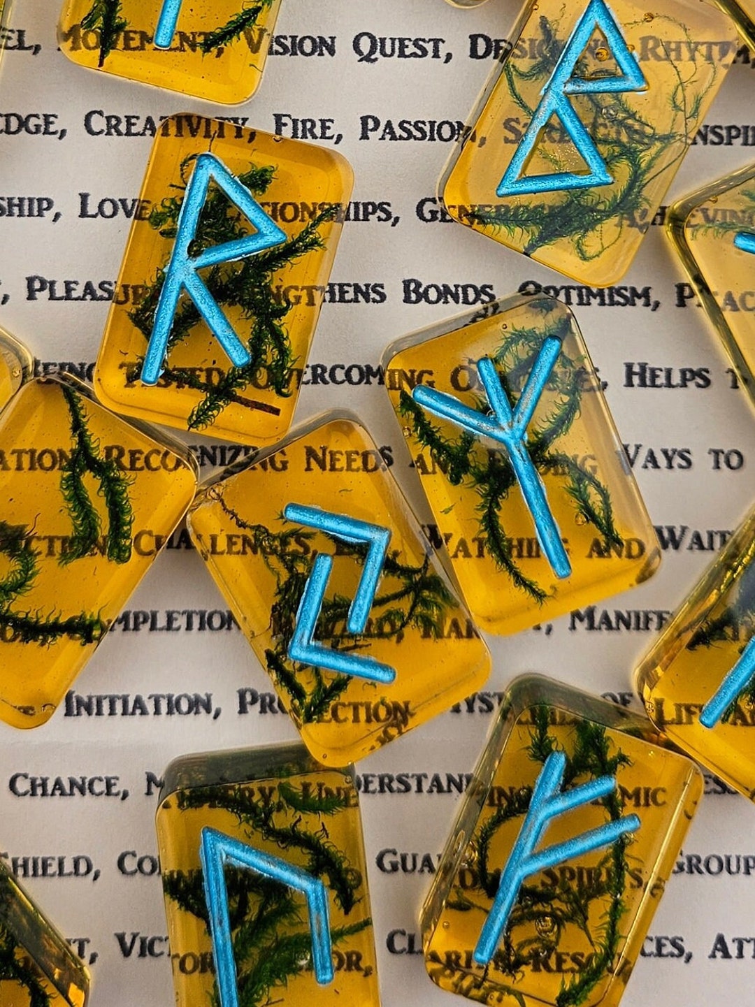 Resin Rune Set/ Elder Futhark Runes/ Viking Runes/ Amber Yellow/ Moss ...