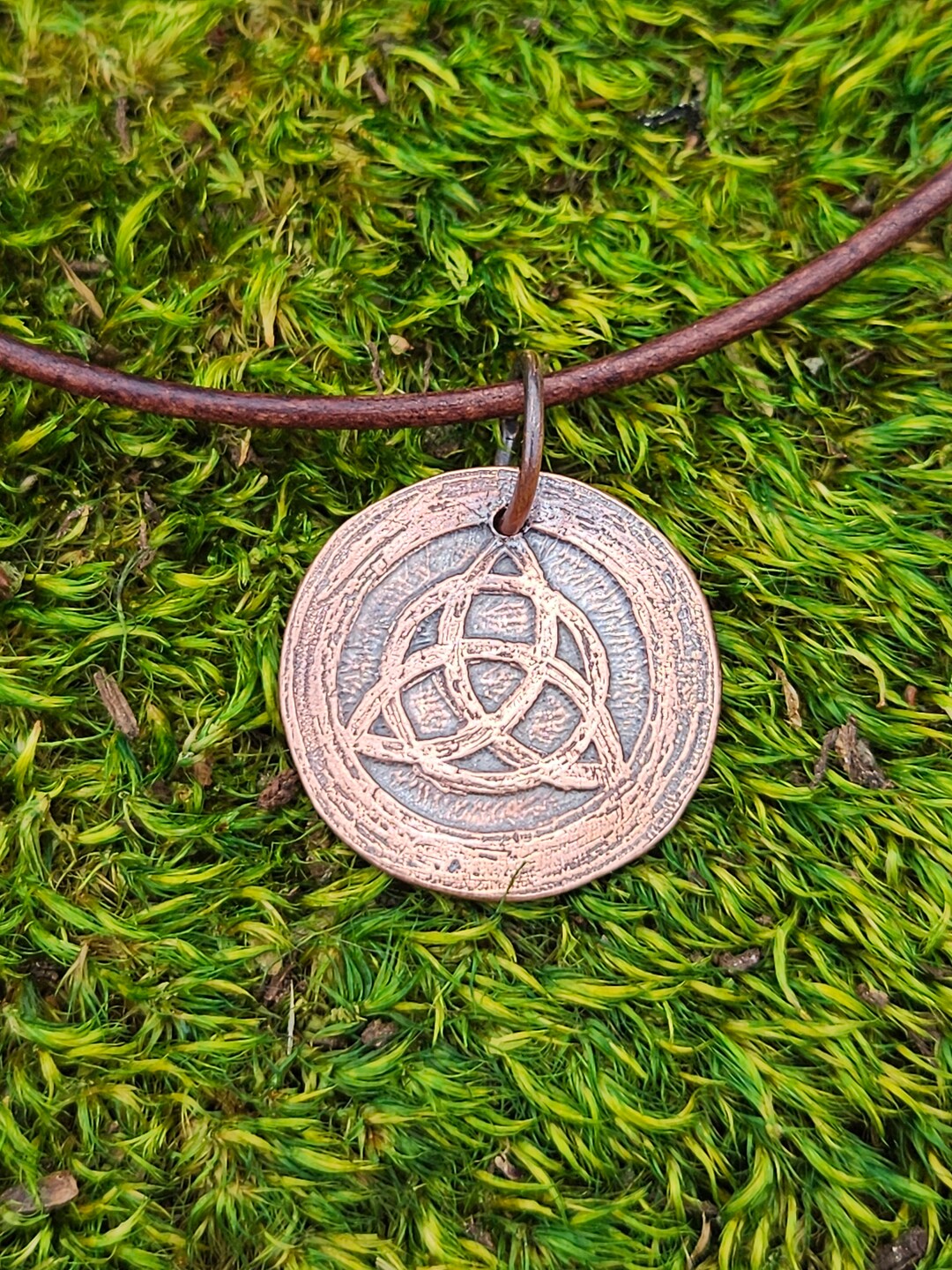 Triquetra Copper Etched Pendant/ Trinity Knot Necklace/ Leather Cord ...