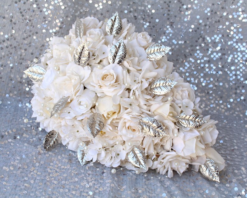 White Wedding Bouquet. Cascade Wedding Bouquet. White Silver - Etsy