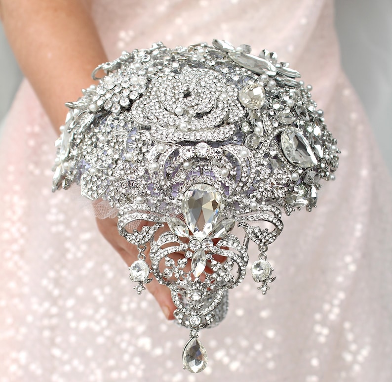 Brooch Bouquet. Silver Wedding Bouquet. Cascade Bridal Bouquet. Bling ...