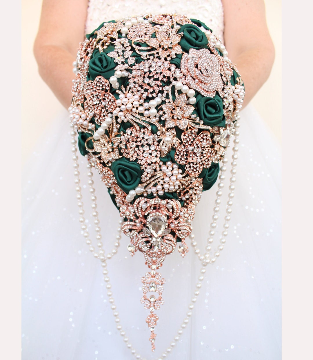 Emerald Green Brooch Bouquet. Cascade Rose Gold Wedding Bouquet. Dark ...