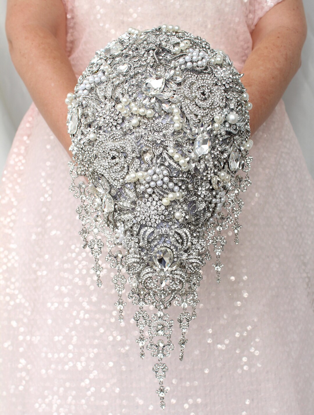 Brooch Bouquet. Silver Wedding Bouquet. Cascade Bridal Bouquet. Bling ...