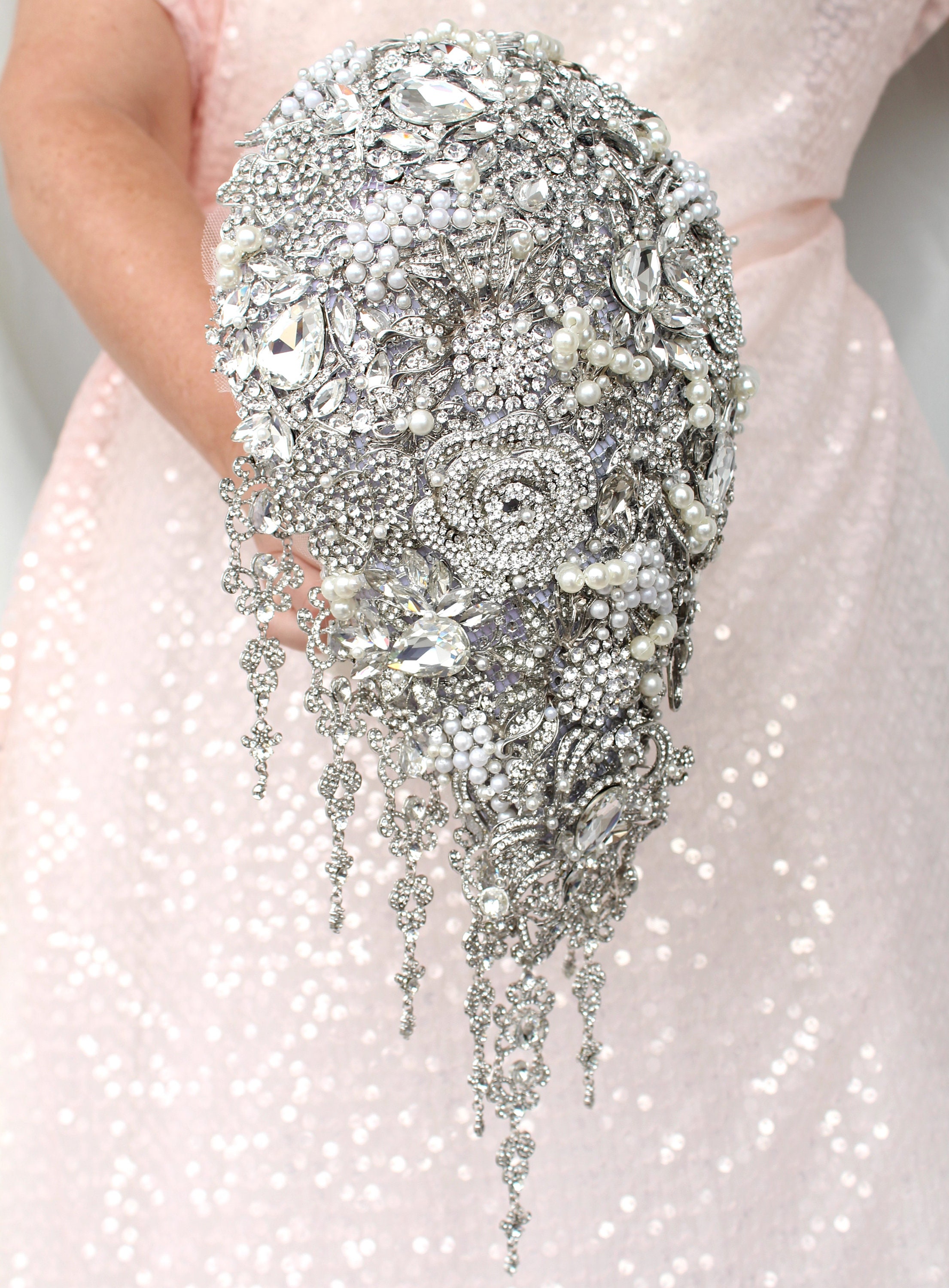 Brooch Bouquet. Silver Wedding Bouquet. Cascade Bridal Bouquet. Bling ...