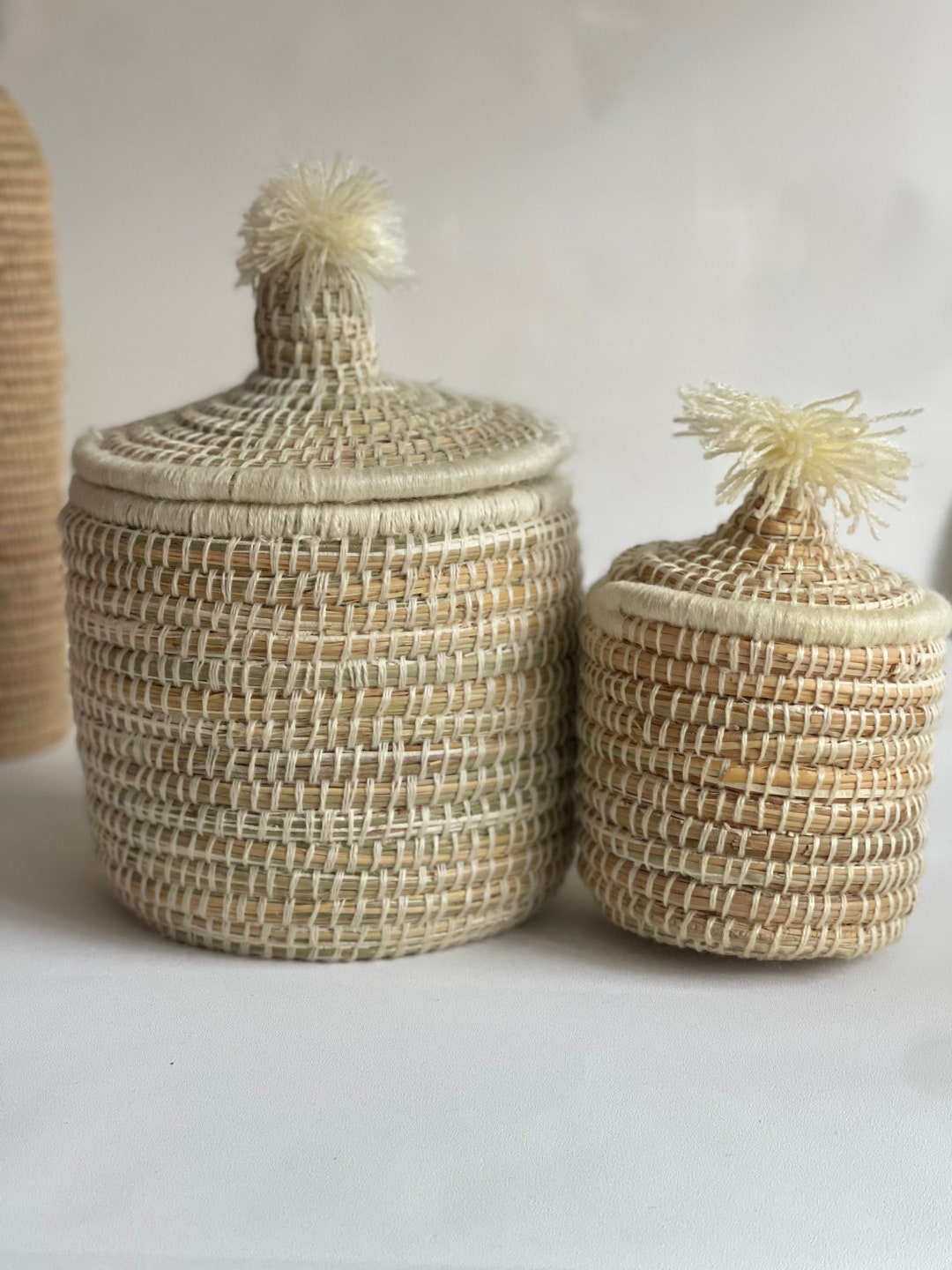 Berber Box in Palm Leaves and Wool Decorative Box With Lid and Pompoms ...