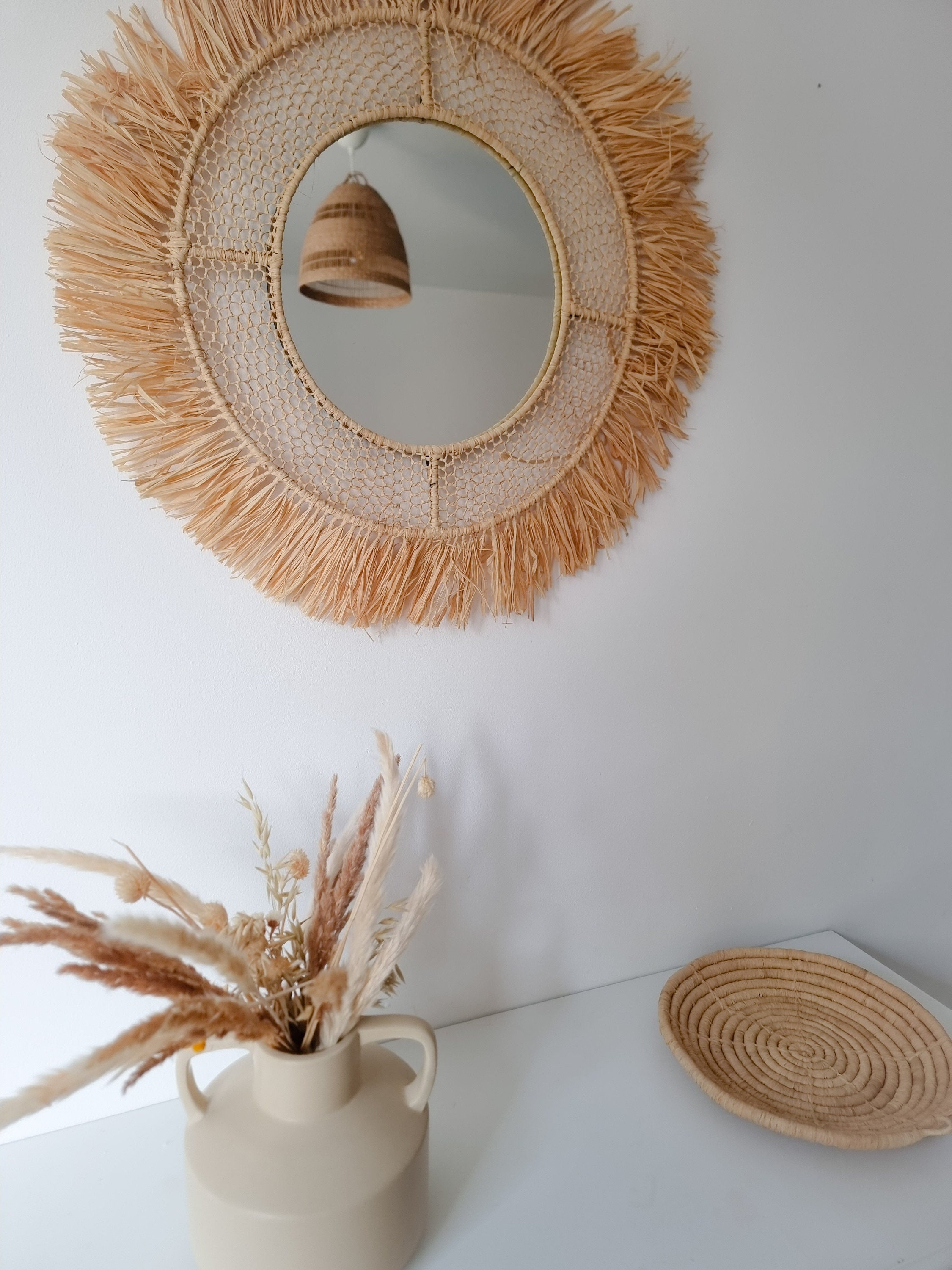Round Raffia Mirror on a Metal Structure Moroccan Boho Chic Mirror ...