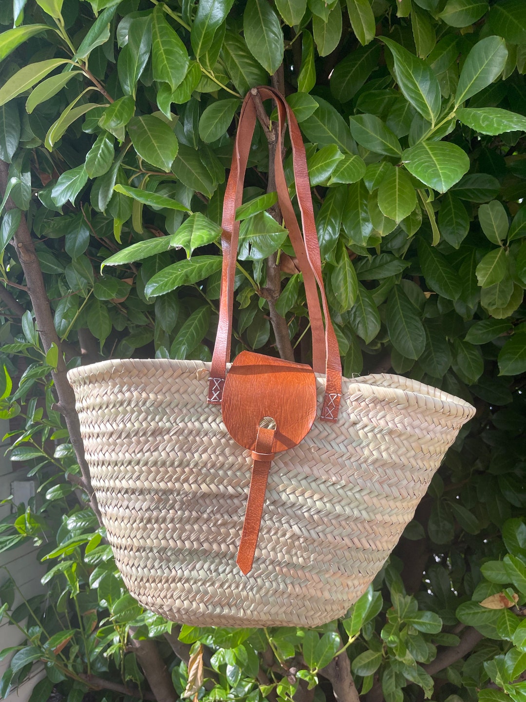 Palm Leaf Basket With Leather Handles and Closures • Basket for ...