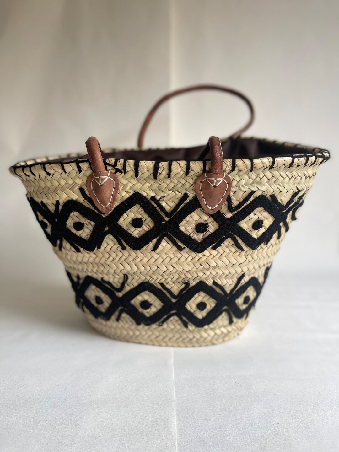 Palm Leaf Basket Embroidered With Black Wool and Leather Handles ...