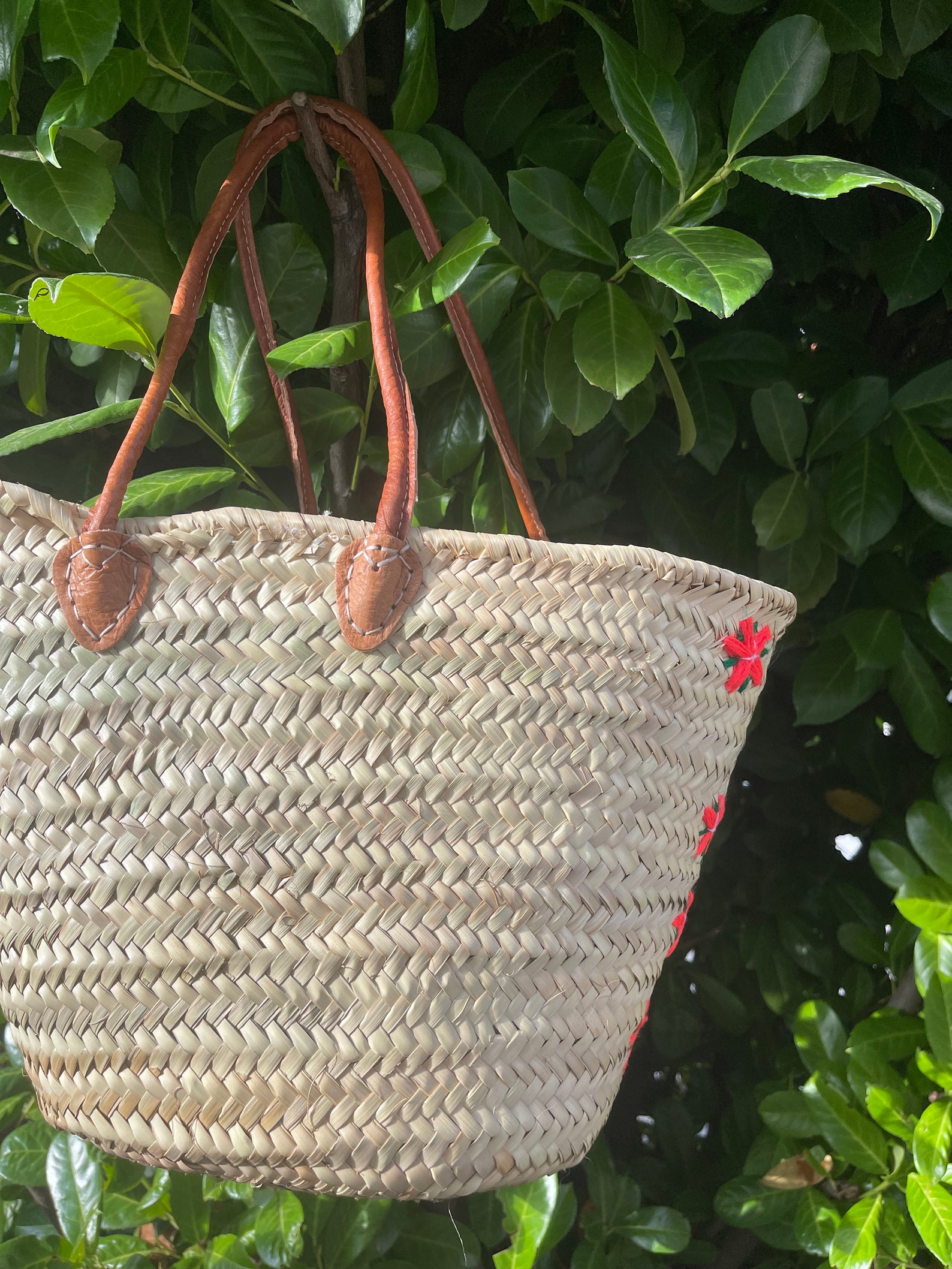 Palm Leaf Basket With “flower” Patterns • Shopping or Beach Basket ...