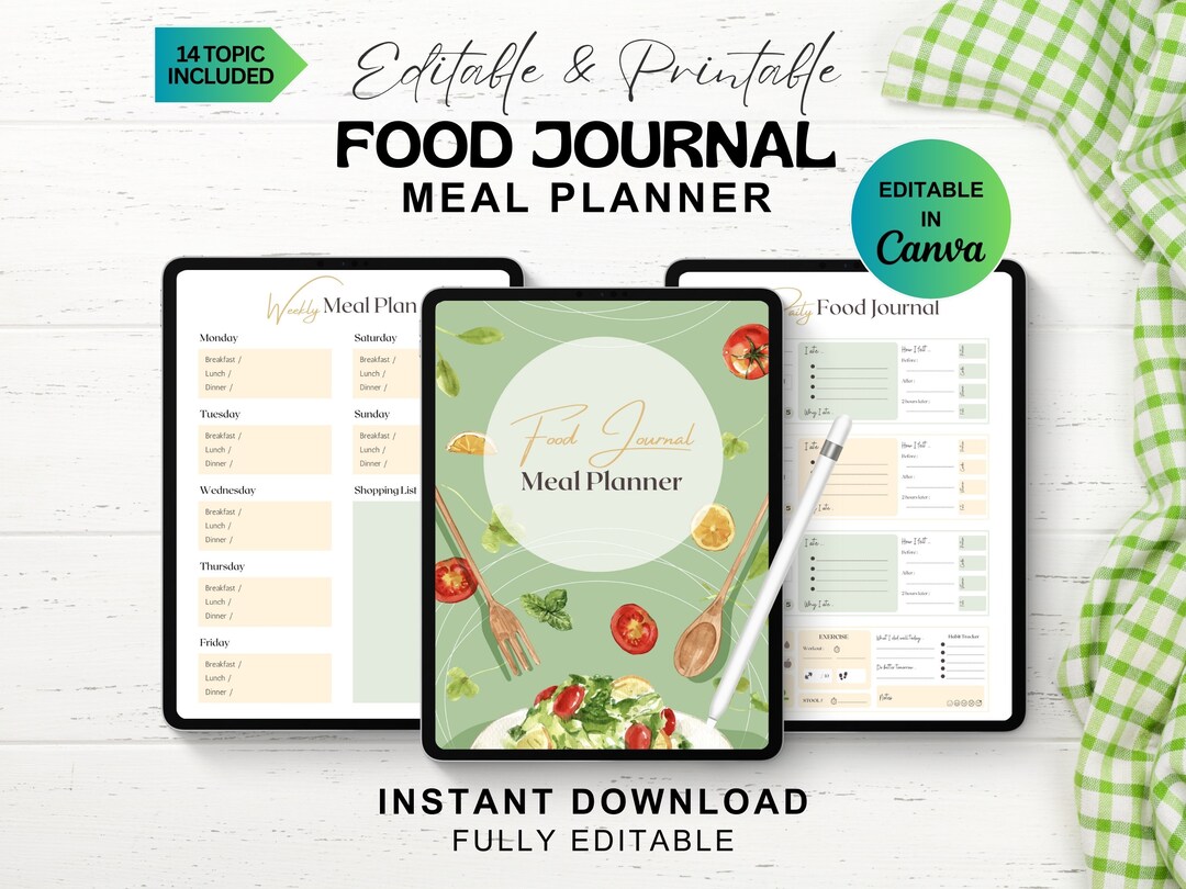 Meal Planner Printable, Weekly Food Diary, Editable Meal Tracker, Food ...