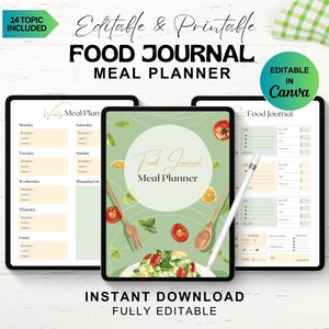 Meal Planner Printable, Weekly Food Diary, Editable Meal Tracker, Food ...