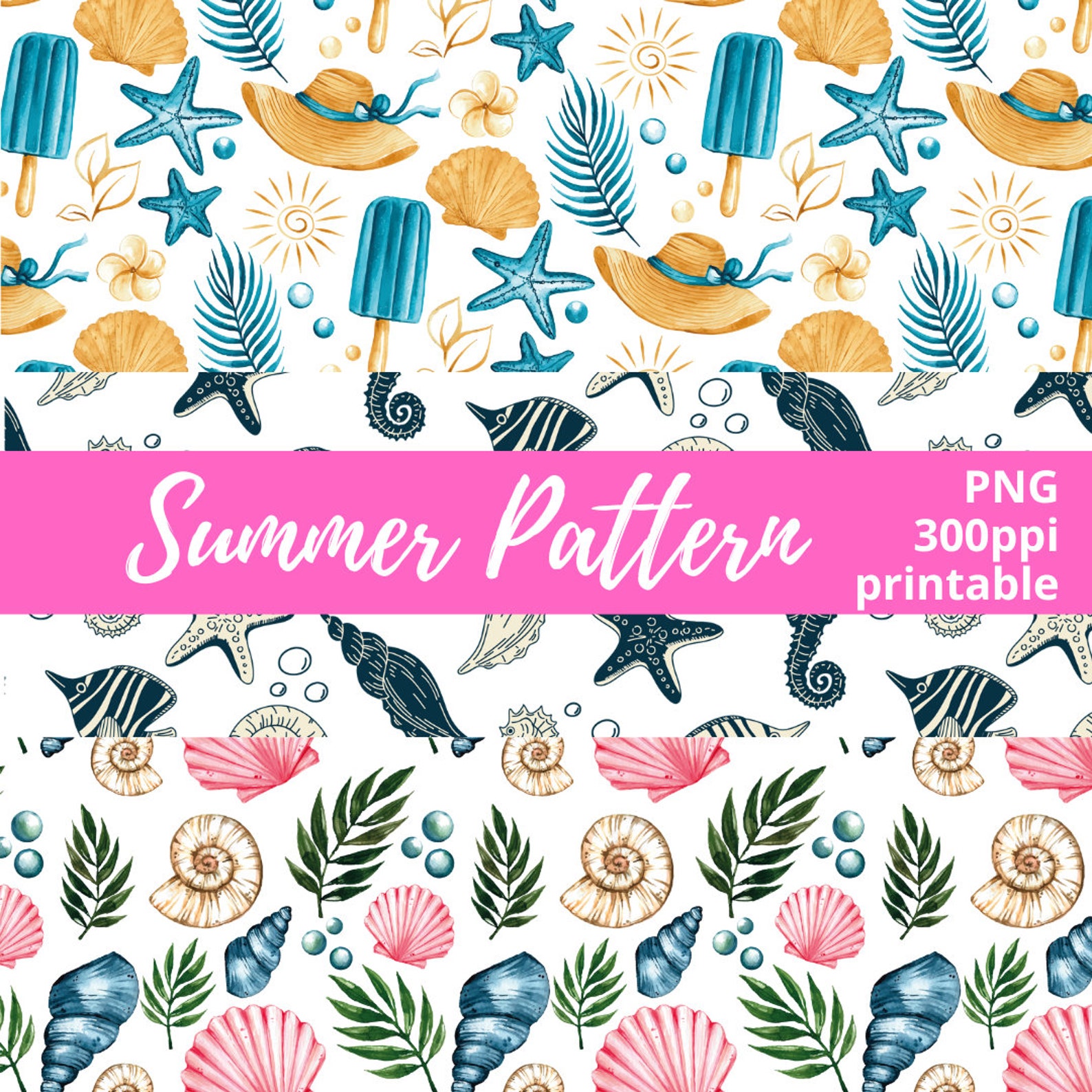 Summer Pattern Printable Summer Png Pattern Shells Png Sea Dtf Uv ...