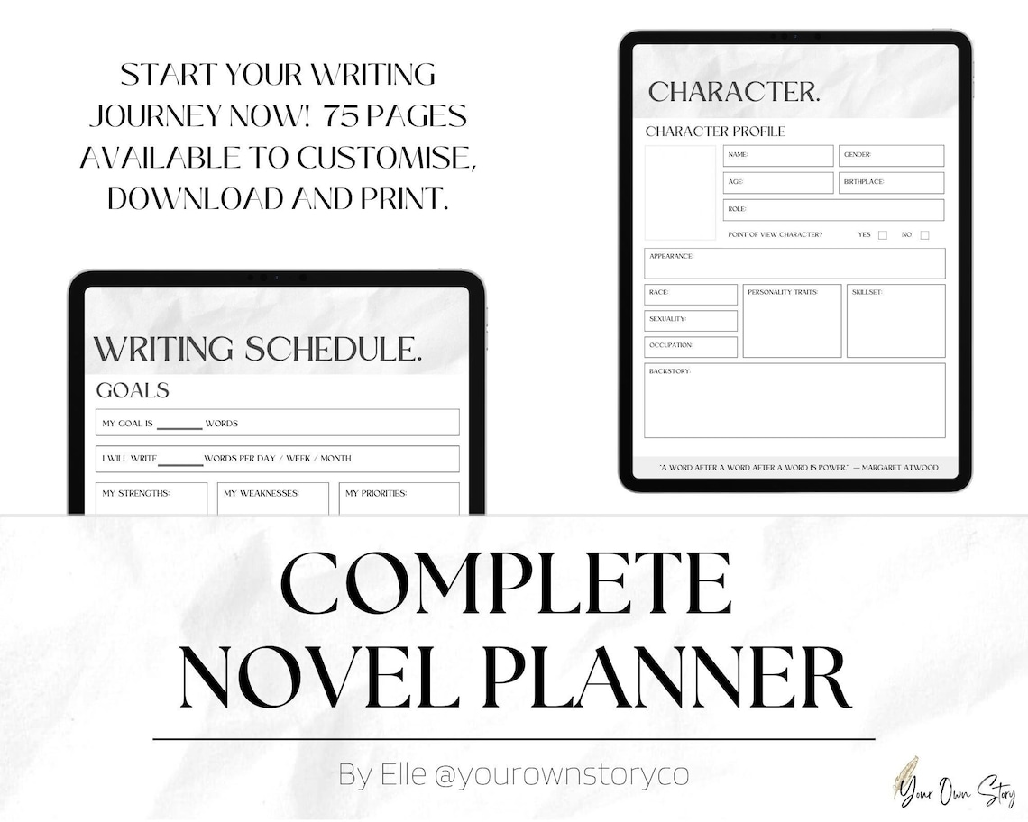 75 Page Digital Novel Planner (neutral) - Writing Schedules, Character ...