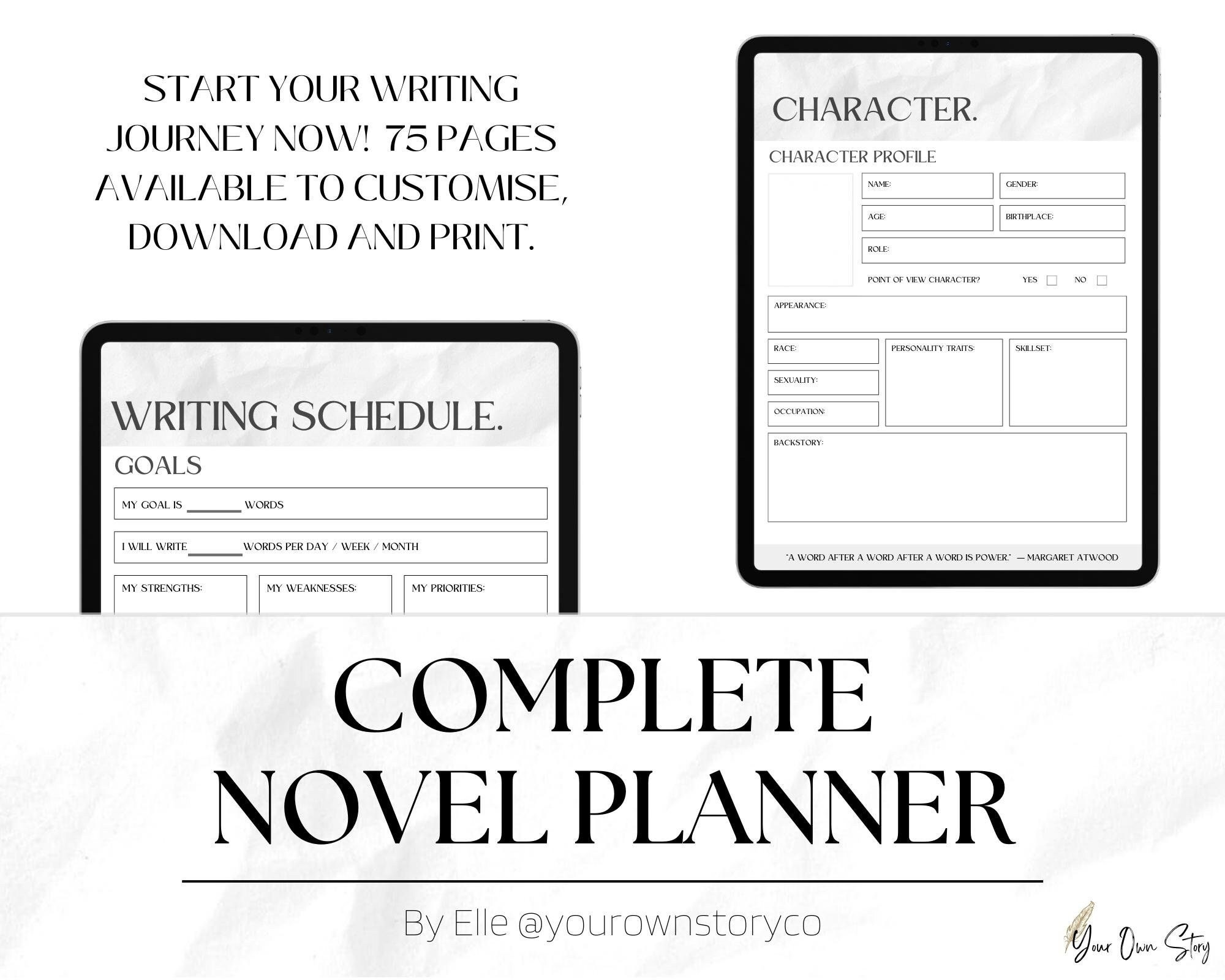 75 Page Digital Novel Planner (neutral) - Writing Schedules, Character ...