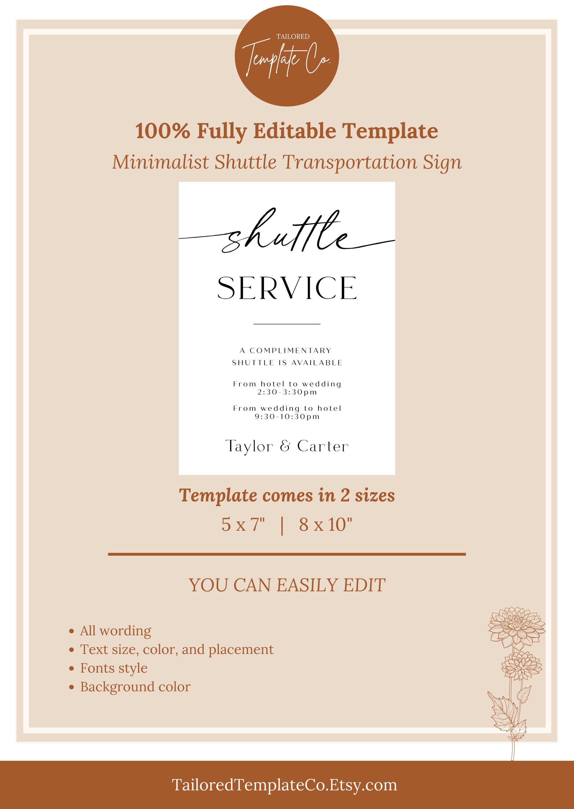 Shuttle Service Sign Template for Weddings Wedding Transportation Sign ...