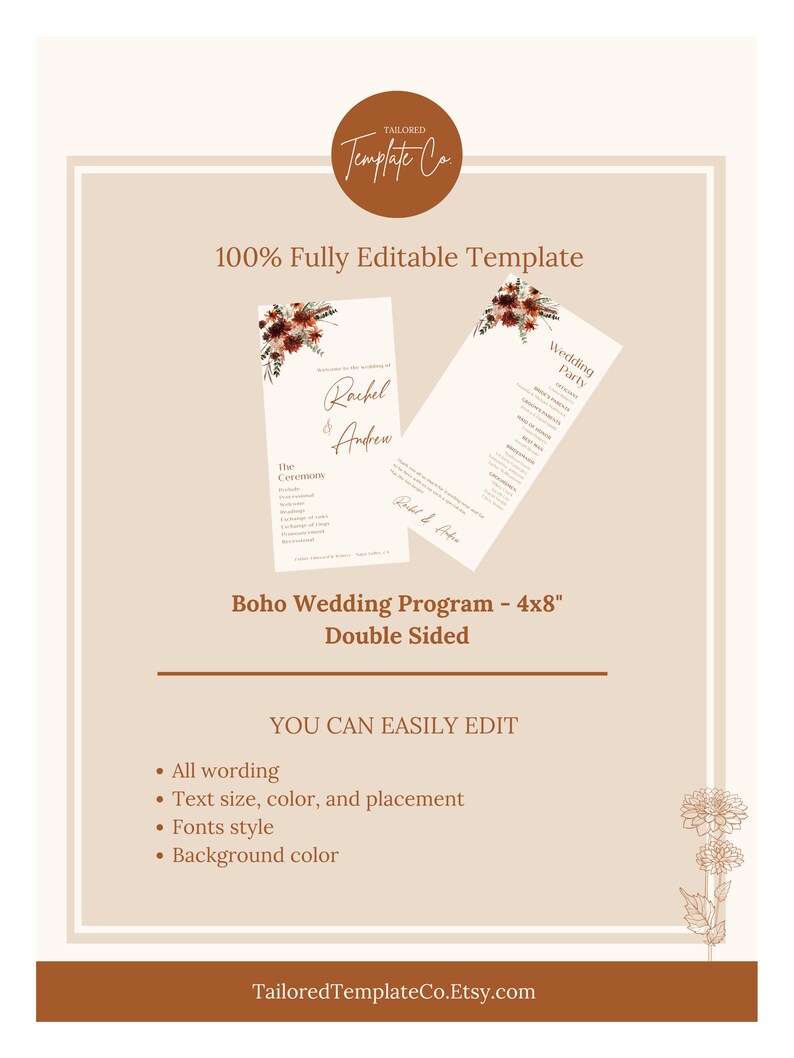 Wedding Program Editable Template | Custom Wedding Template | Boho Terracotta | Instant Download ...