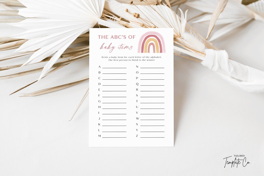 Rainbow Baby Shower Game Abc's of Baby Items Template | Girl Baby ...