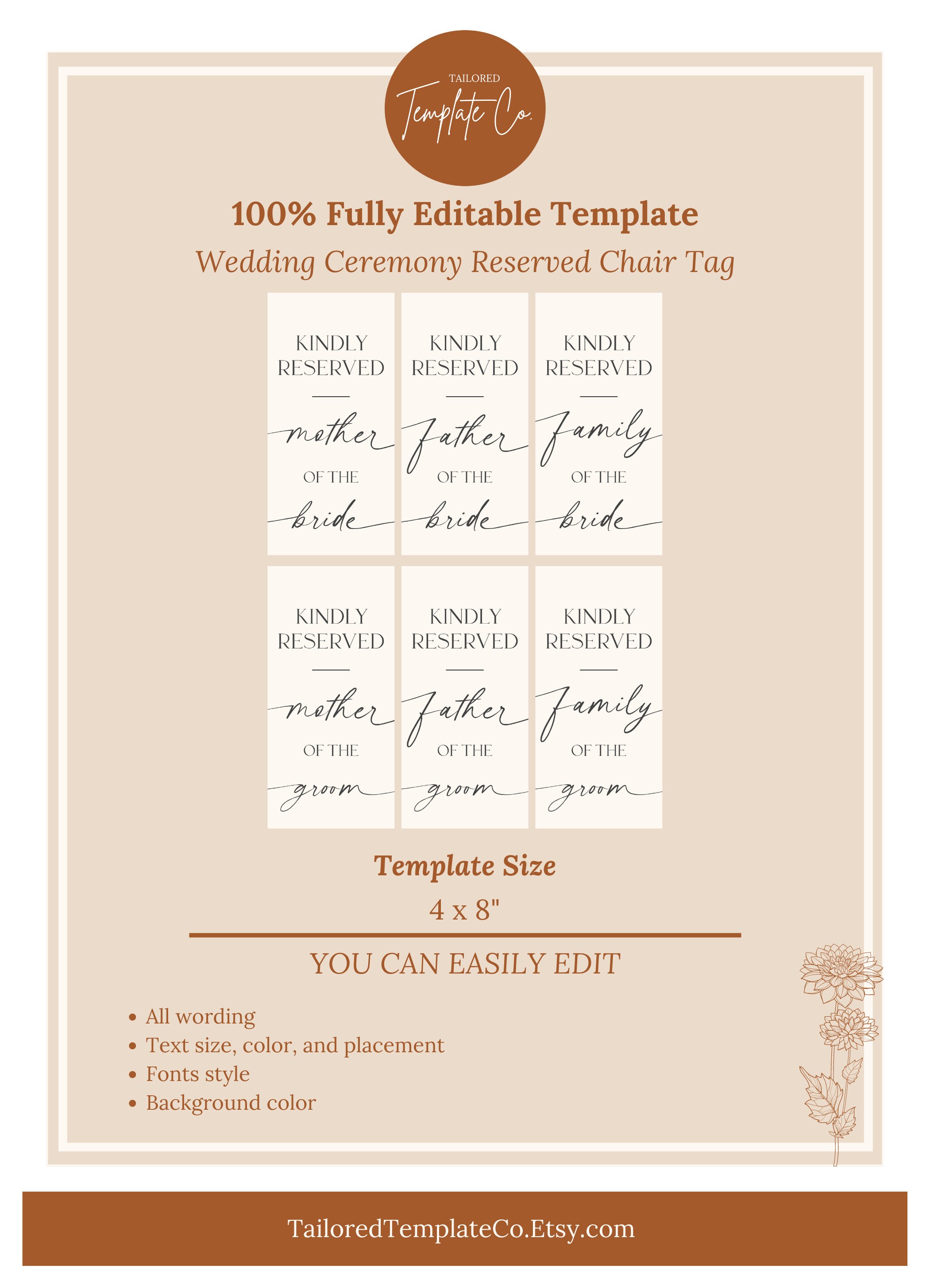 Reserved Seat Tag Template for Wedding Ceremony | Printable Sign for ...