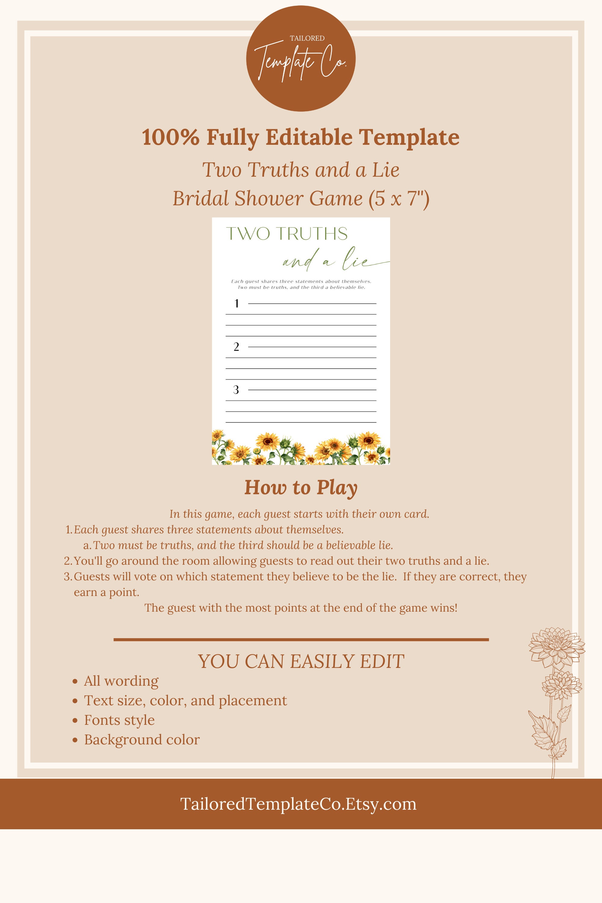 Two Truths and A Lie Template for Bridal Showers Modern Bridal Shower ...