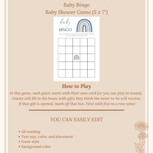Rainbow Baby Shower Game Bingo Template | Boy Baby Shower | Blue ...