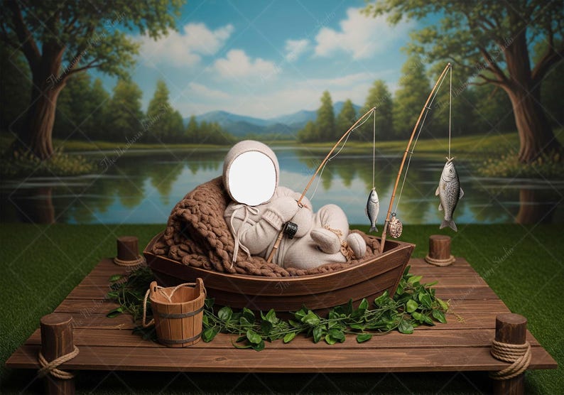 Fishing Boat Newborn Digital Backdrop, Face Insert Baby Photo Prop ...