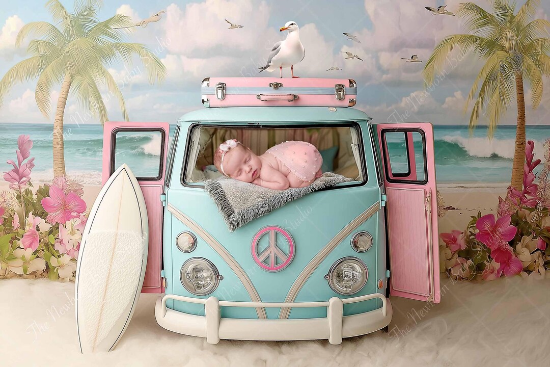 Camper Van Newborn Digital Backdrop – Surf Baby Photography Prop, Boho ...