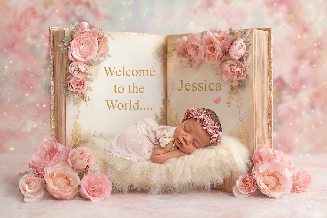 Newborn Digital Backdrop Girl Birth Announcement | Floral Book ...