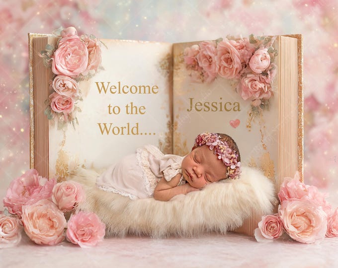 Newborn Digital Backdrop Girl Birth Announcement | Floral Book ...