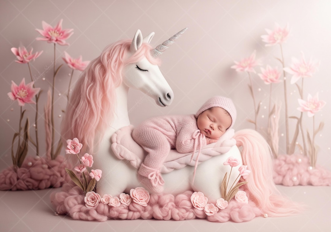 Pink Unicorn Newborn Digital Backdrop | Magical Fantasy Baby Composite ...