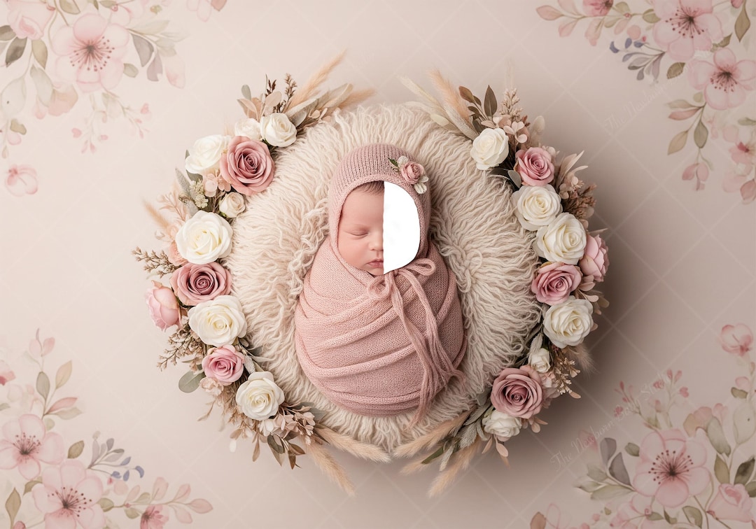 Floral Wreath Newborn Digital Backdrop | Pink Baby Floral Face Insert ...