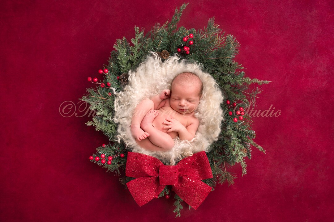 Newborn Christmas Digital Backdrop, Newborn Wreath Nest, Overhead, Red ...