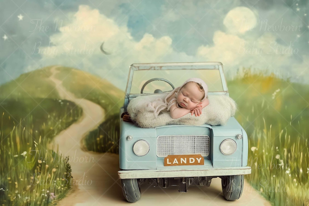 Newborn Digital Backdrop | Blue Car Bed Baby Photo Prop | Countryside ...