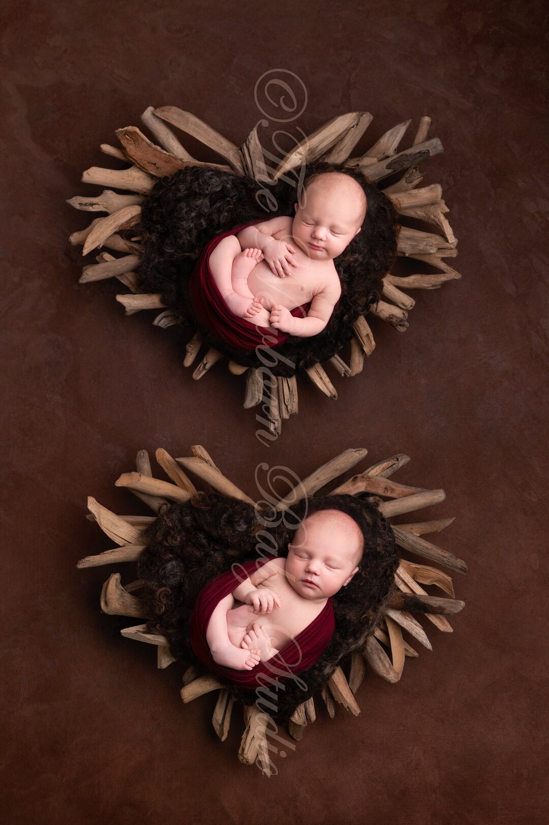 Newborn Digital Backdrop, Rustic Twin Composite, Twin Hearts Overlay ...
