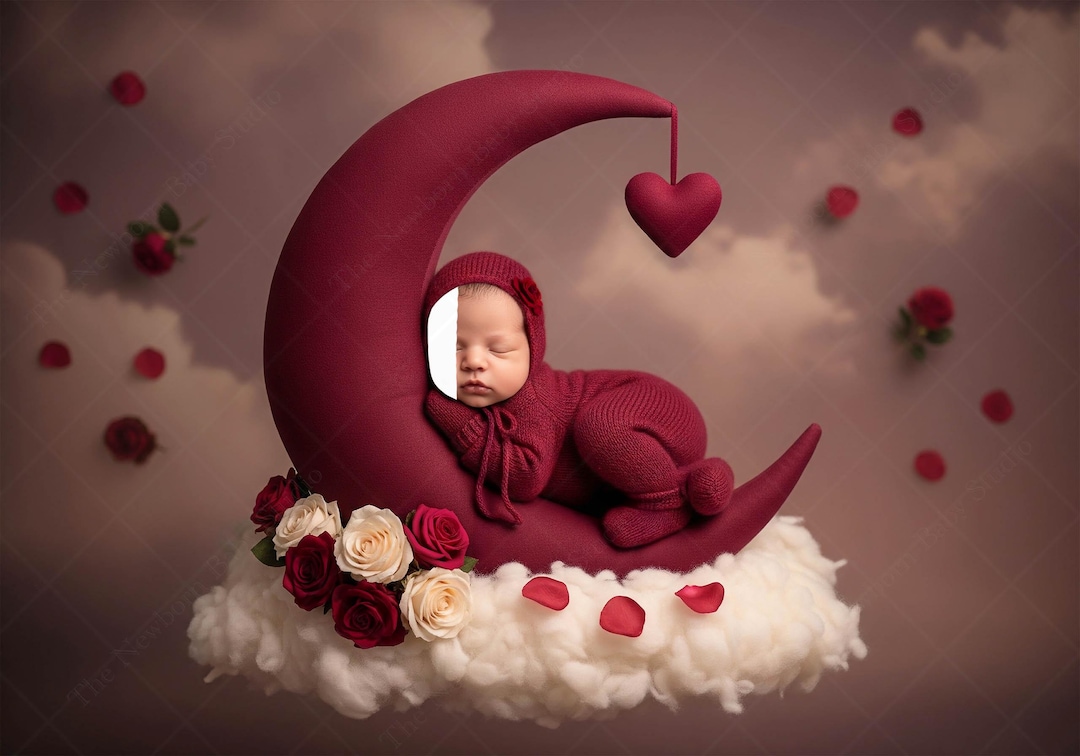 Moon Newborn Digital Backdrop, Face Insert Red Floral Baby Photo Prop ...