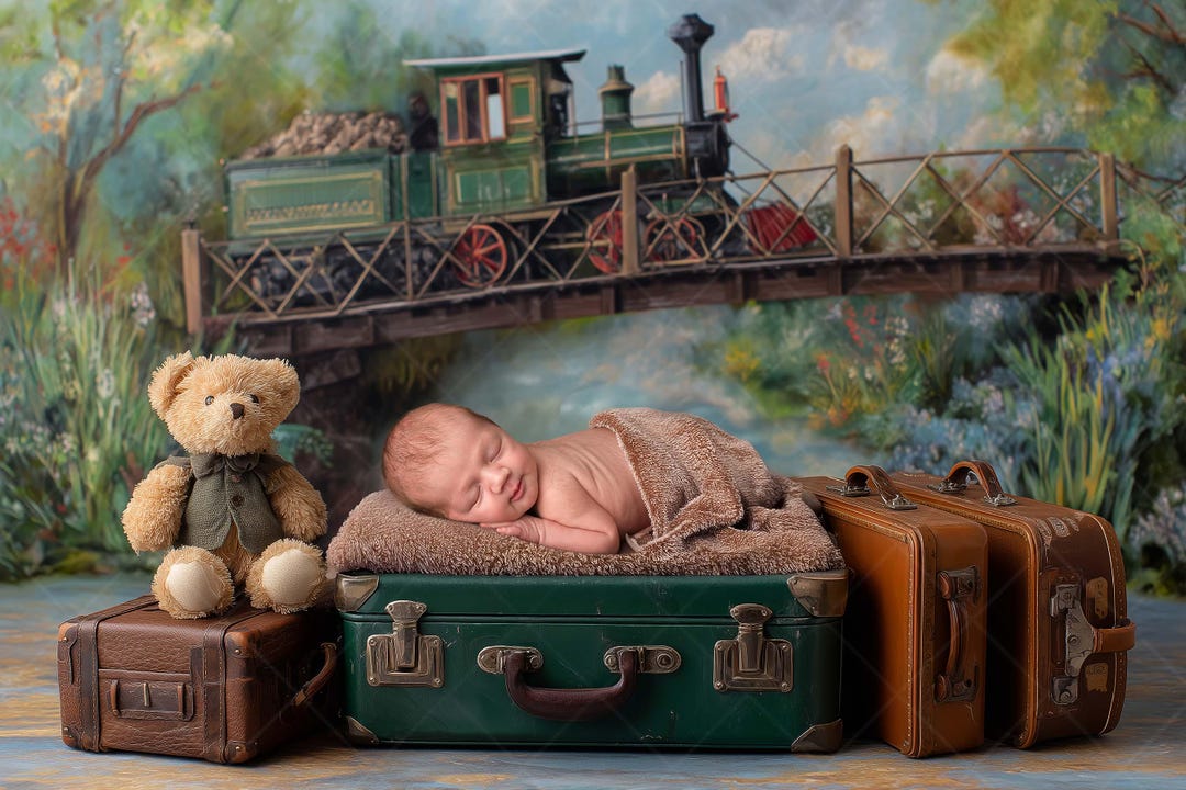 Vintage Train Newborn Digital Backdrop | Suitcase Baby Prop With Teddy ...