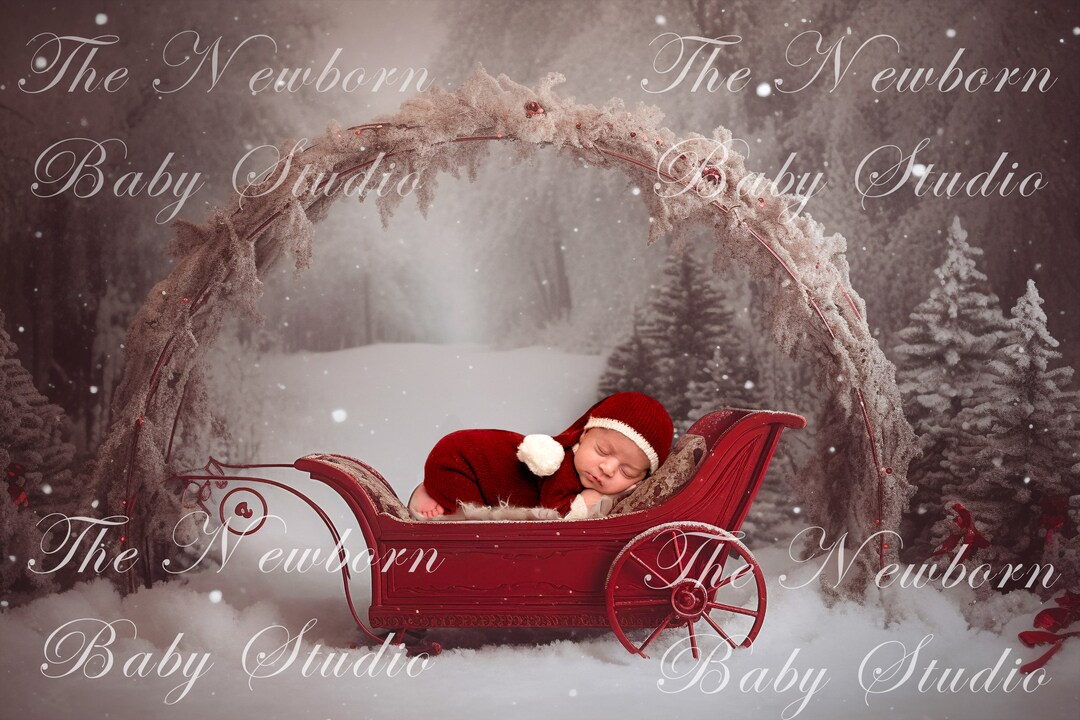 Newborn Digital Backdrop With Sleigh, Christmas Backdrop Newborn, Snowy ...