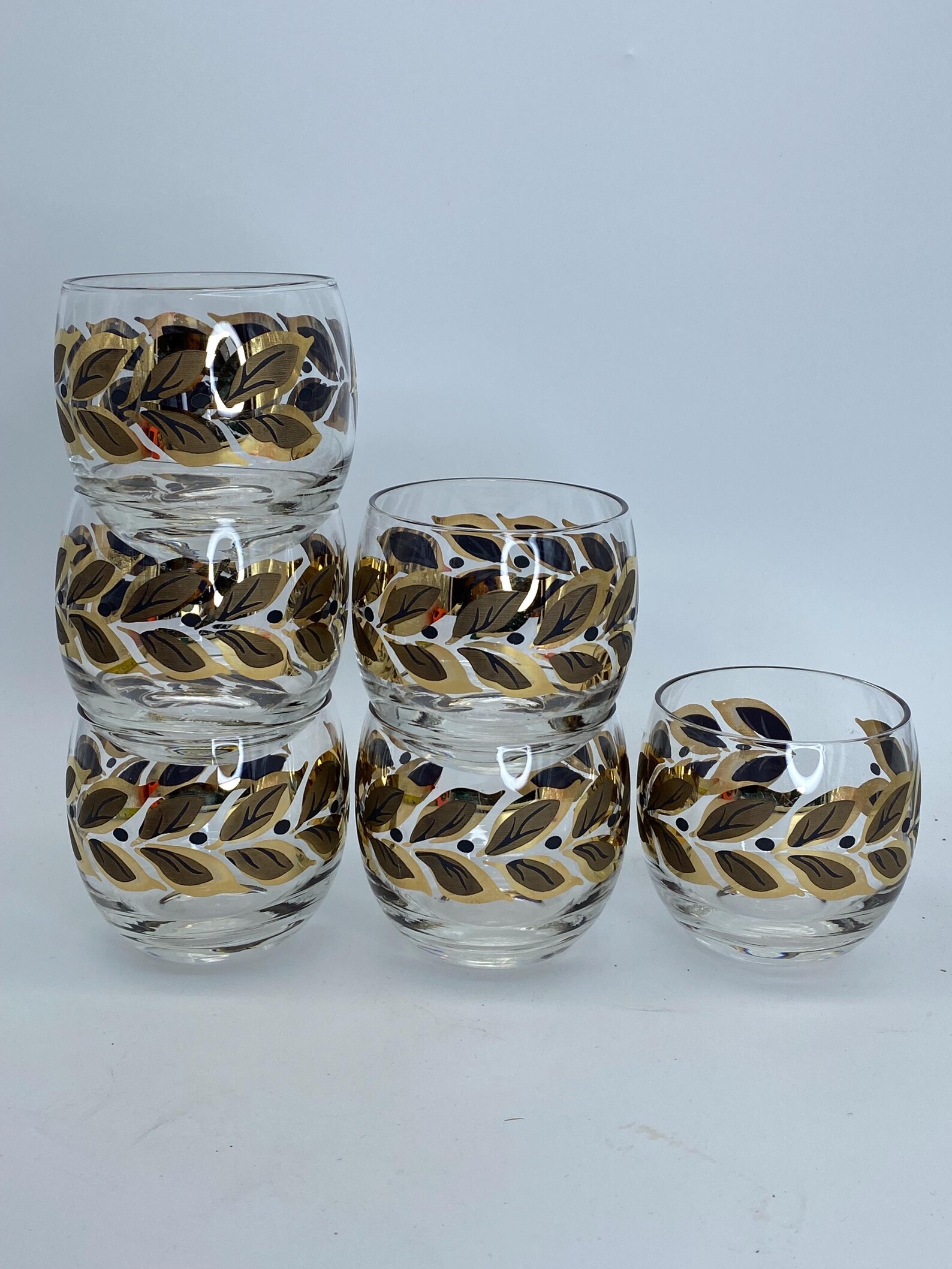 Vintage Roly Poly Glasses Federal Glass Gold Brown Laurel Leaf Barware ...