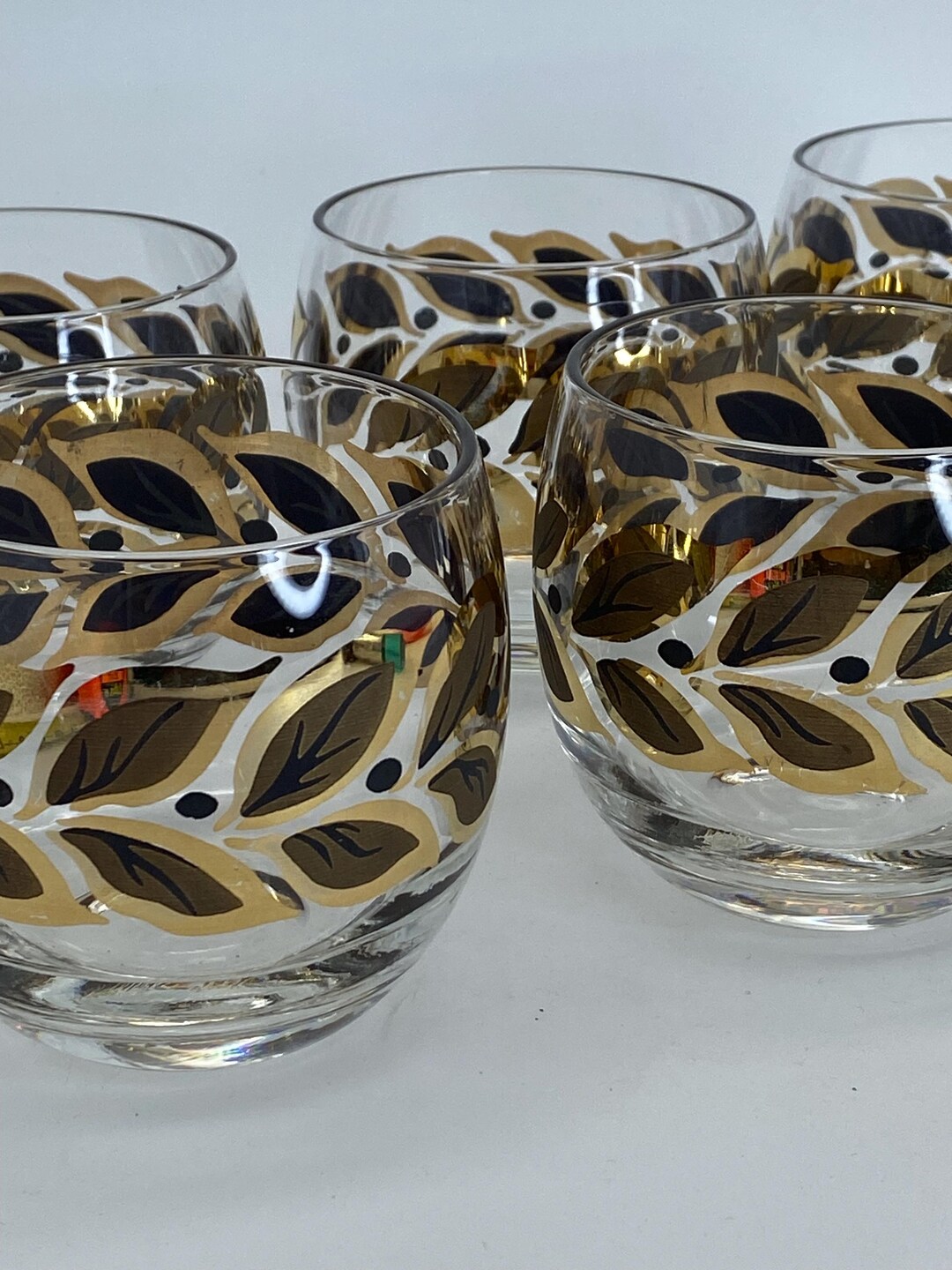 Vintage Roly Poly Glasses Federal Glass Gold Brown Laurel Leaf Barware ...