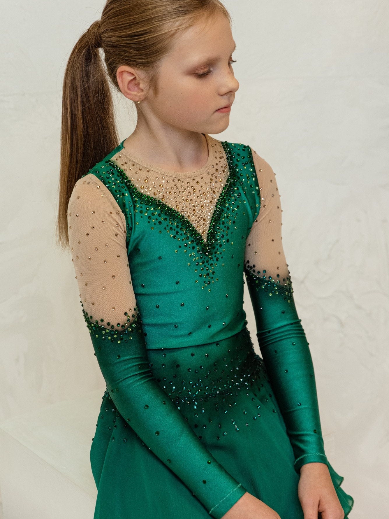 Girls' Green Figure Skating Dress With Crystal Embellishments ...