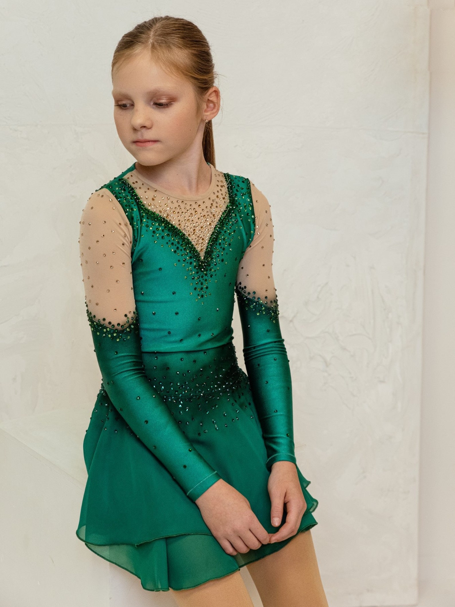 Girls' Green Figure Skating Dress With Crystal Embellishments ...