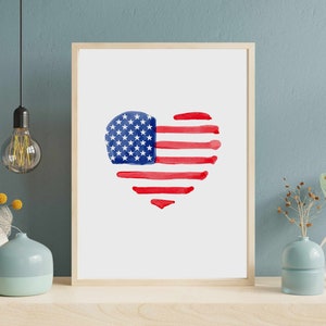 Fourth of July Flag Art, Heart Flag, Printable Wall Art, Watercolor ...