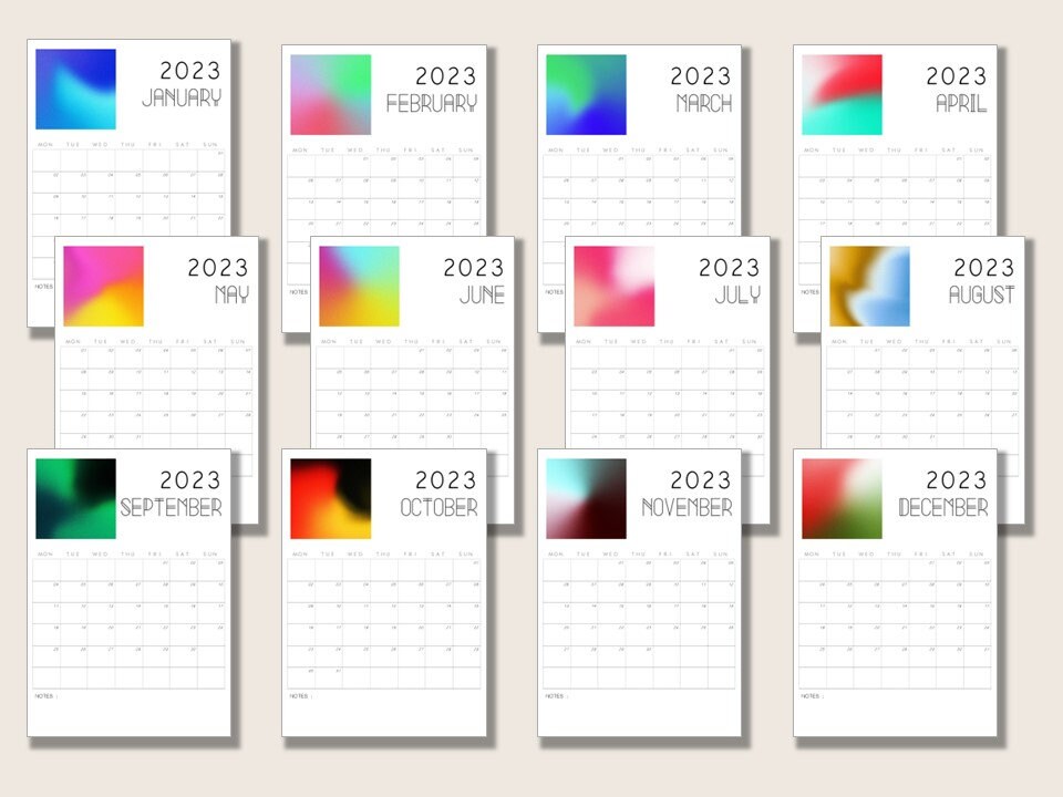 2023 Printable Calendar - Design Colorful Grainy Gradient Art ...