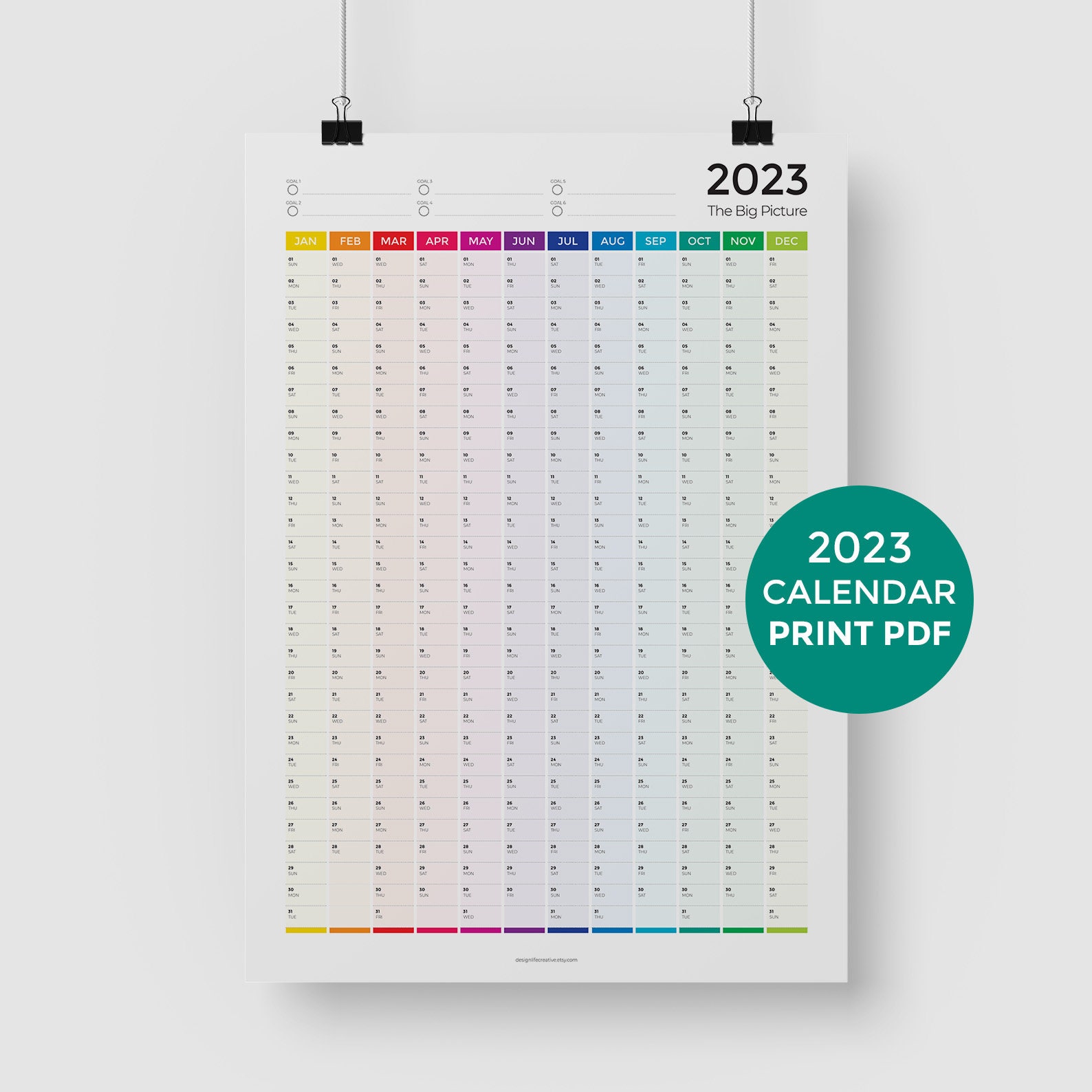2023 Yearly Calendar Printable, Rainbow, January - December, One Page ...
