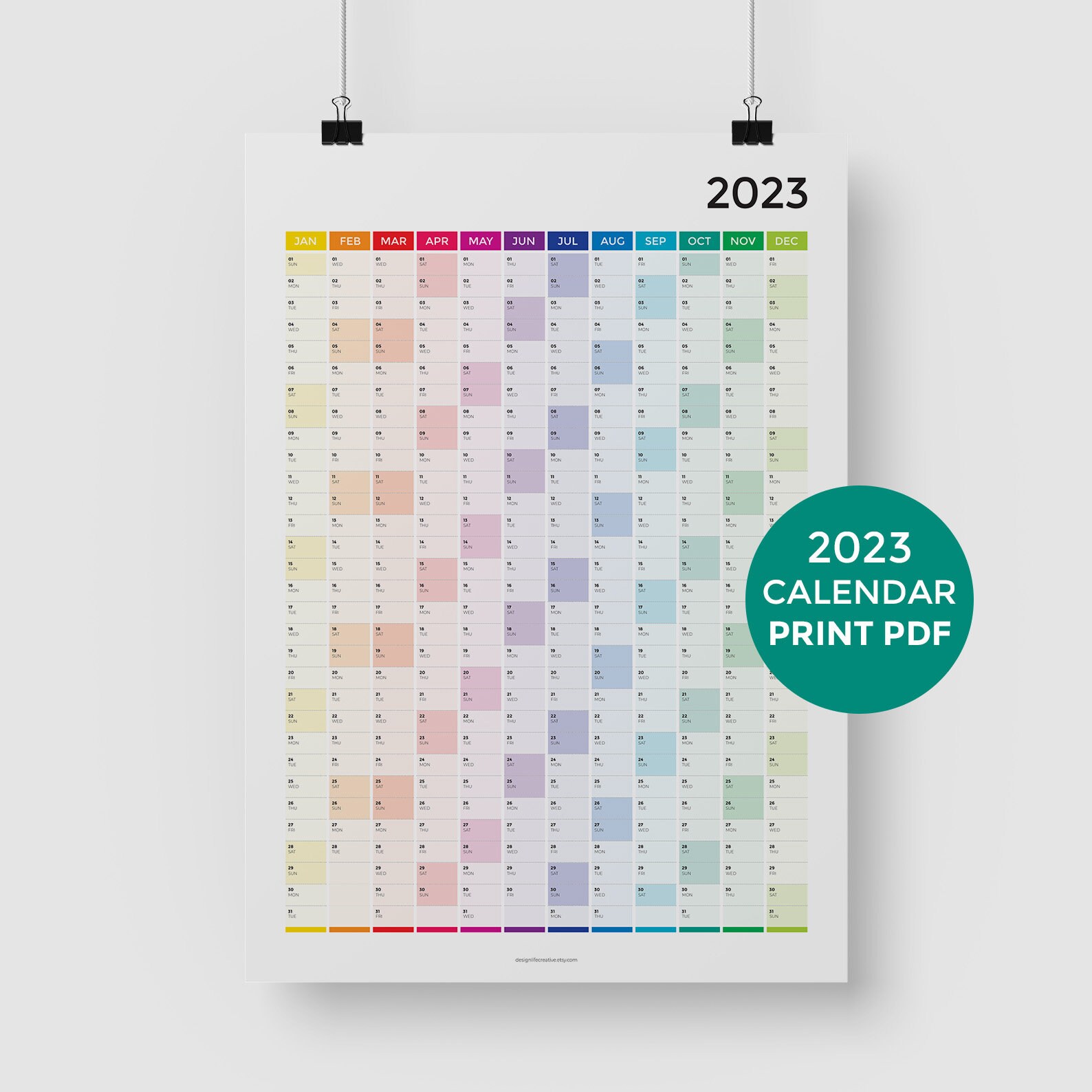 2023 Yearly Calendar Printable, Rainbow, January - December, One Page ...
