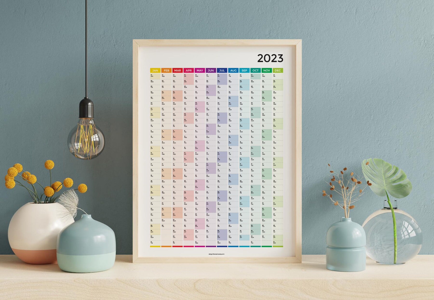 2023 Yearly Calendar Printable, Rainbow, January - December, One Page ...