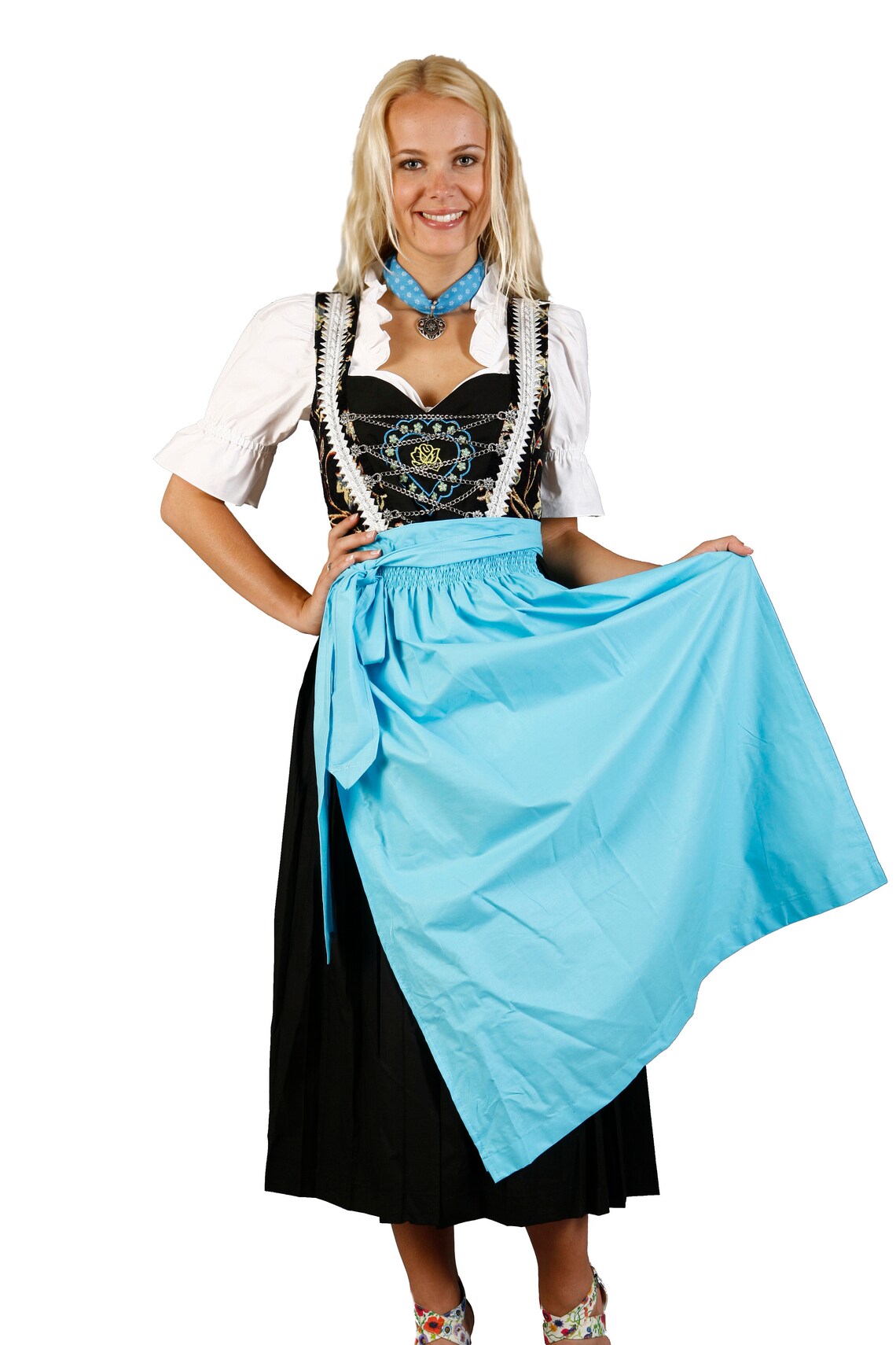 Spatzers Dirndl Women's Long Turquoise Black Embroidered Traditional ...