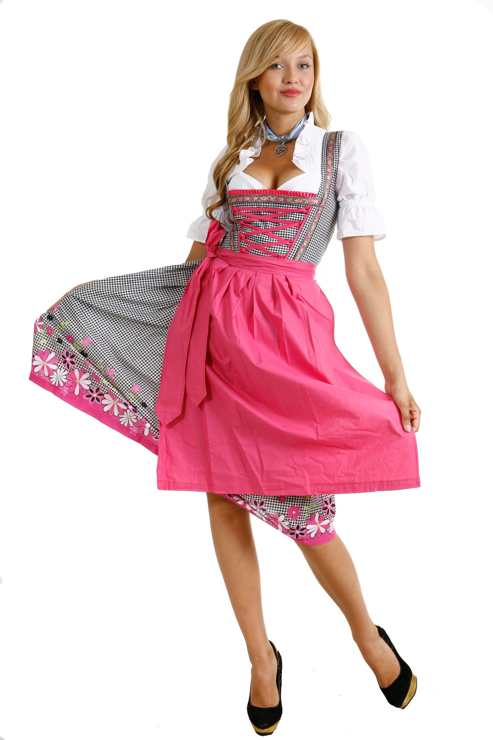 Spatzers Dirndl Women's Pink Floral Checked Costume Dress Including Dirndl Blouse Dirndl Apron 3 ...