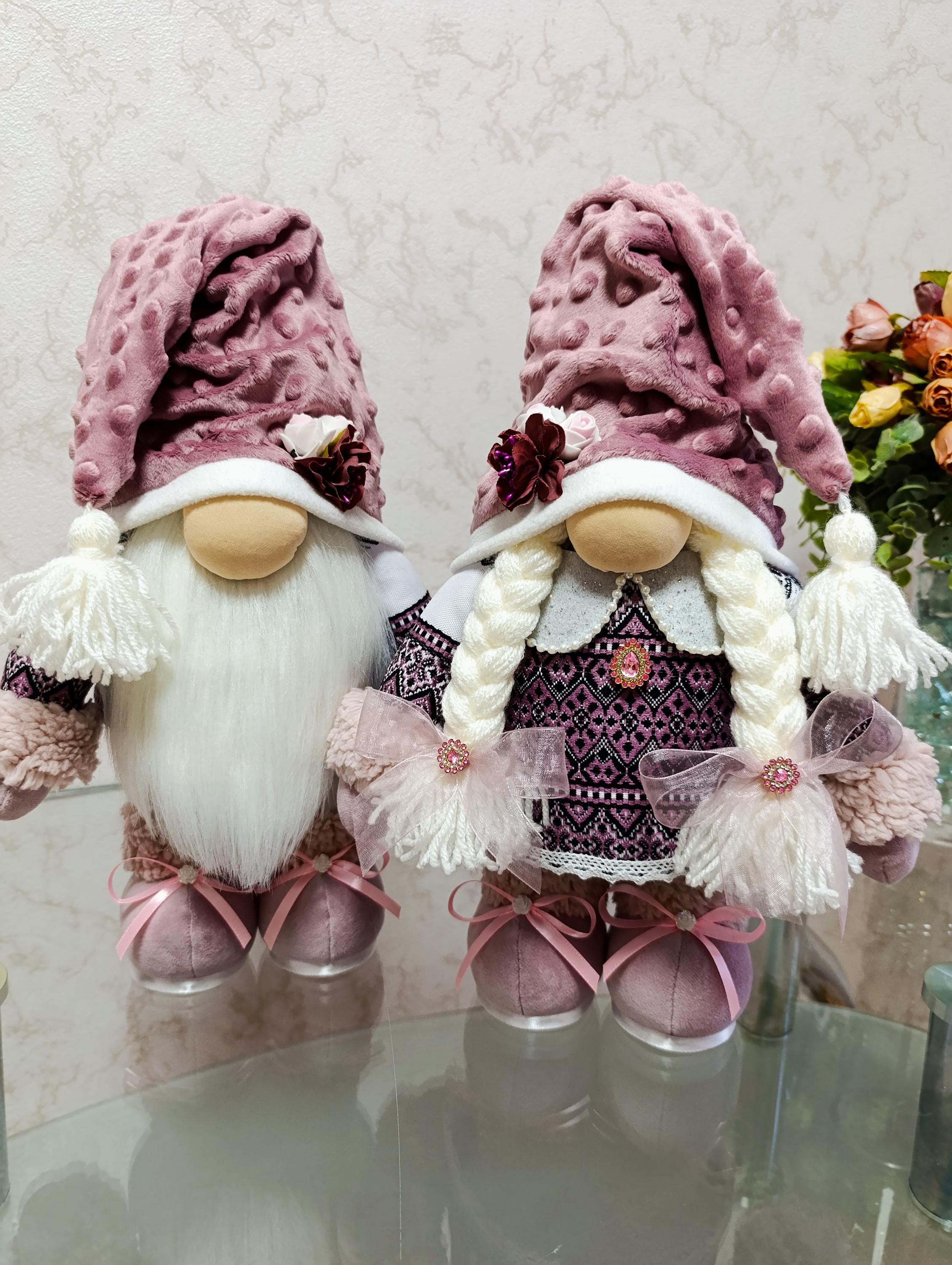 Romantic Gnome Couple, Handmade Scandinavian Gnomes, Pink Plush Gnomes ...