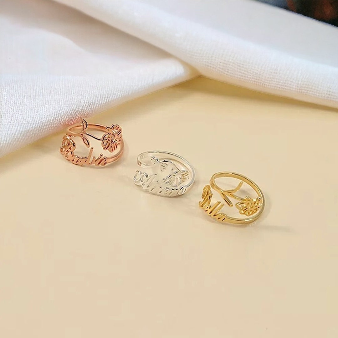 Personalized Birth Flower Ring, Birth Gift, Adjustable Ring for Mom ...