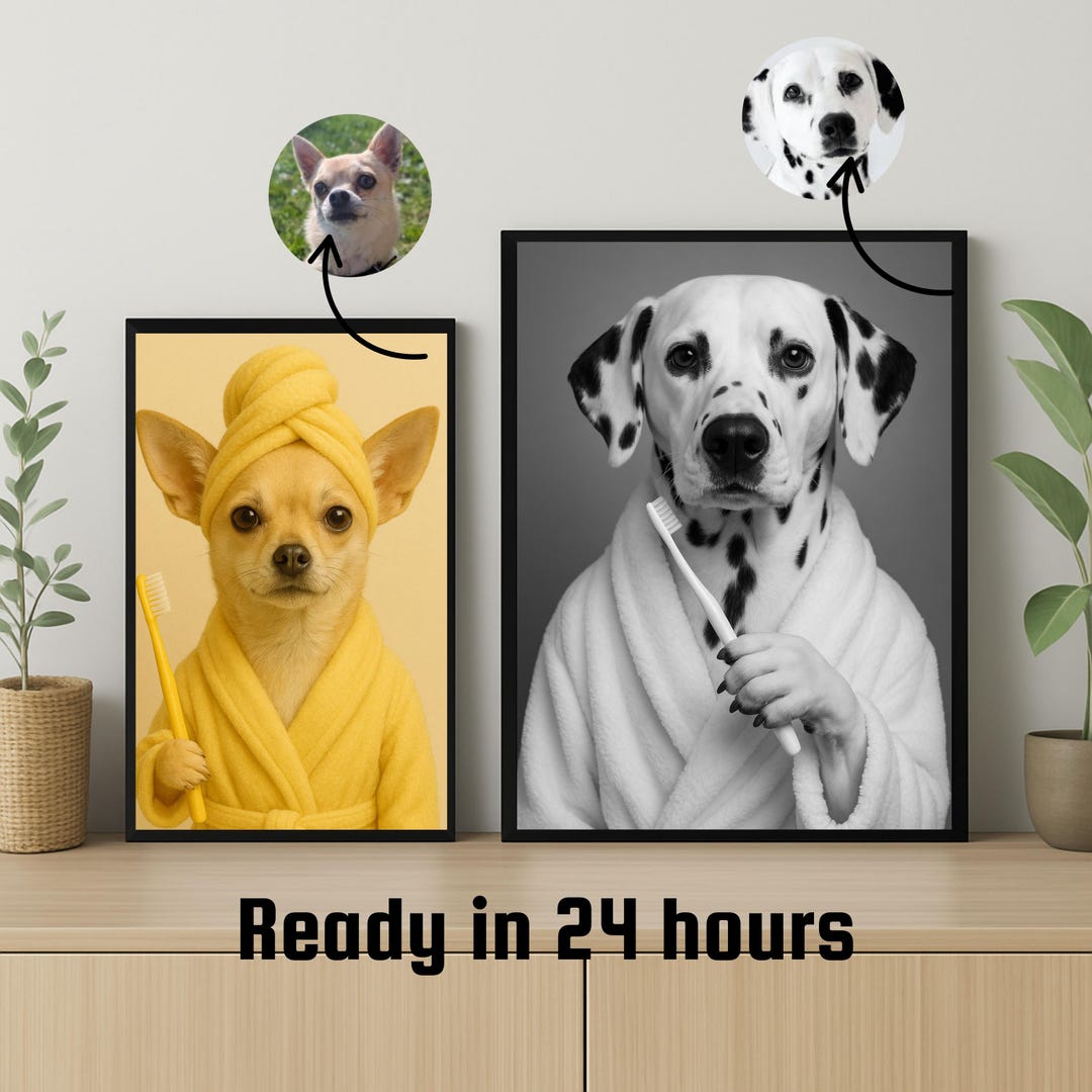 Custom Dog Portrait, Funny Dog Poster, Dog Reading Newspaper on Toilet ...